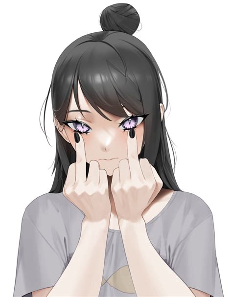 Safebooru 1girl Absurdres Black Hair Black Nails Double Middle Finger