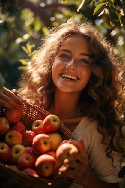 Premium Photo Applepicking Joy Womans Radiant Smile As She Embraces A