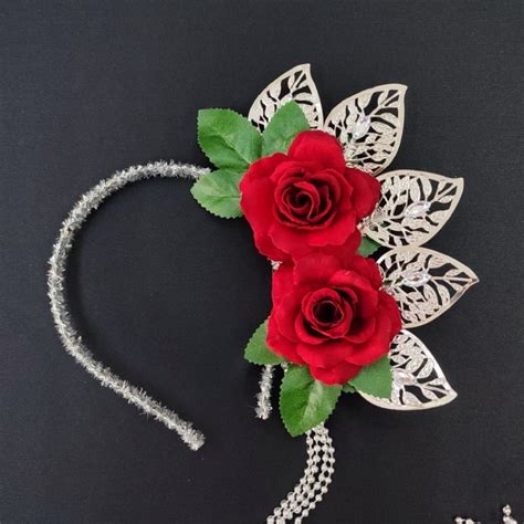 [ready Stock] Sanggul Lintang Silver Red Velvet Roses Silver Metal