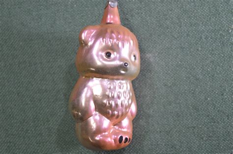 Купить Елочная стеклянная игрушка Медвежонок медведь мишка Стекло подвес 1 СССР цены