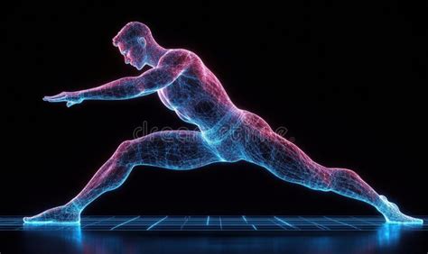 Futuristic Wireframe Male Figure In Dynamic Yoga Pose Showcasing Strength And Flexibility Stock