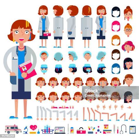 여성 의료 머리와 얼굴 감정 그림의 문자 집합 병원 사람 시체 손 다리 창조 흰색 배경에 고립의 의사 생성자 벡터 건설 건물