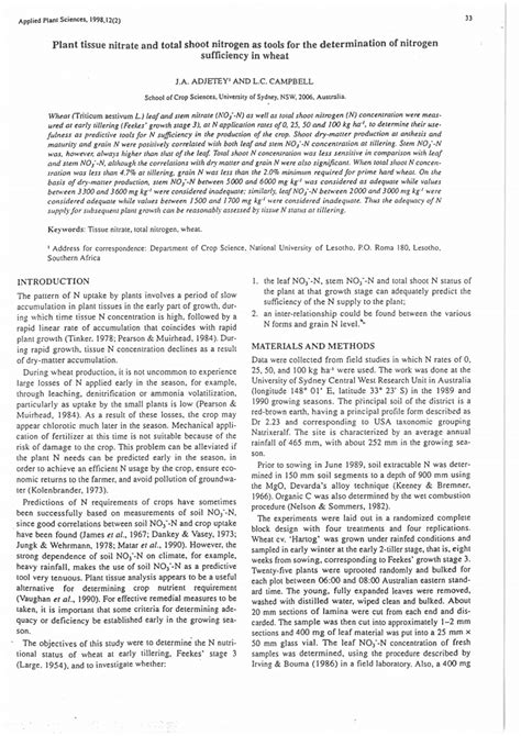 Pdf Plant Tissue Nitrate And Total Shoot Nitrogen As Tools For The Determination Of Nitrogen