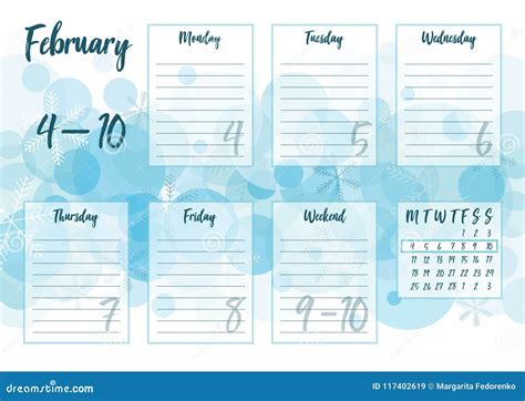 Em Fevereiro De 2019 Planejador Semanal Ilustração Do Vetor