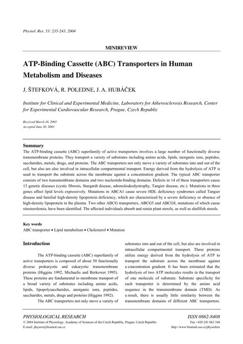 Pdf Atp Binding Cassette Abc Transporters In Human Metabolism And