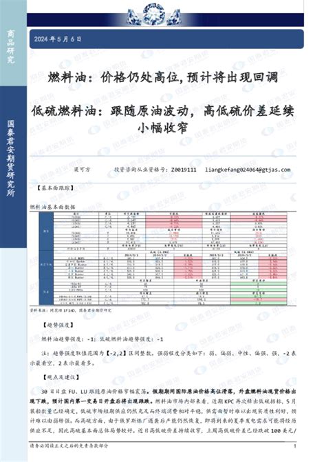 燃料油：价格仍处高位预计将出现回调 低硫燃料油：跟随原油波动，高低硫价差延续小幅收窄