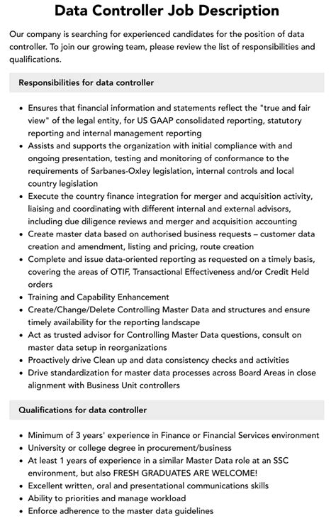 Data Controller Job Description Velvet Jobs