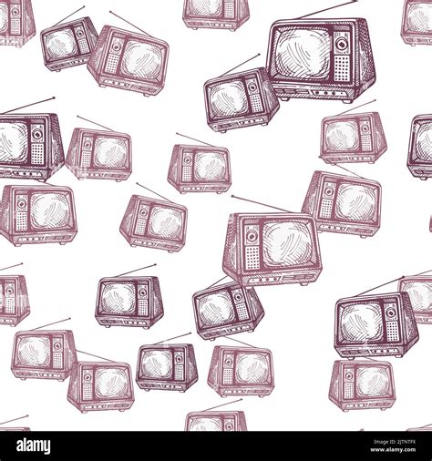 Retro TV Engraved Seamless Pattern Vintage Television With Antenna In Hand Drawn Style Sketch