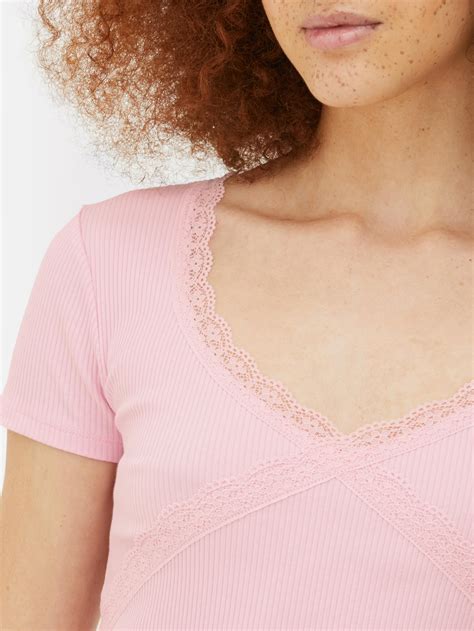 Women S Pink Lace Trim V Neck T Shirt Primark