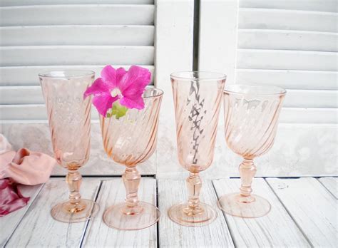 French Pink Long Stem Wine Glasses Mismatched Set Of 4 Ardco Etsy