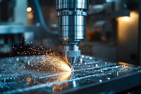 A Cnc Milling Machine Cutting A Piece Of Metal With Sparks Stock Image Image Of Drilling
