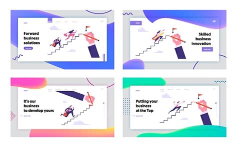 비즈니스 사람들이 성공 방문 페이지 세트에 계단을 등반 남자와 여자 캐릭터 비즈니스 공모전 목표 달성 크리에이티브 아이디어 컨셉 웹 배너 벡터 플랫 만화 일러스트 개념에