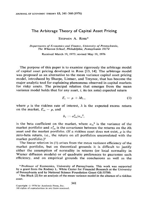 The Arbitrage Theory Of Capital Asset Pricing Pdf Pdf