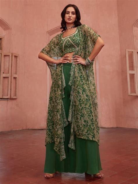 Buy Black Embroidered Georgette Crop Top Palazzo With Strug From Ethnic