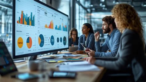 Team Analyzing Data On A Large Screen In A Modern Office Premium Ai Generated Image