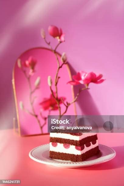 신 체리와 초콜릿 케이크입니다 포크가 있는 접시에 케이크 조각 생생한 자홍색 목련 꽃이 있는 분홍색 배경에 달콤한 디저트 자홍색에 대한 스톡 사진 및 기타 이미지 Istock