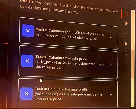 design the logic and write the python code that will use assignment