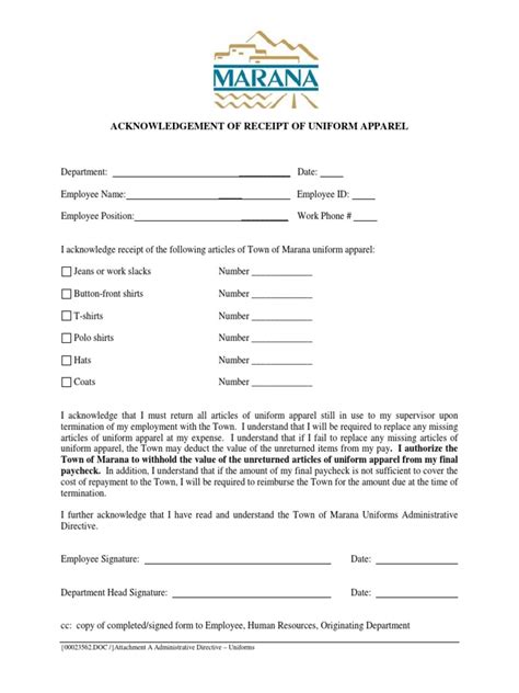 Attachment A Acknowledgement Of Receipt Of Uniform Apparel Pdf