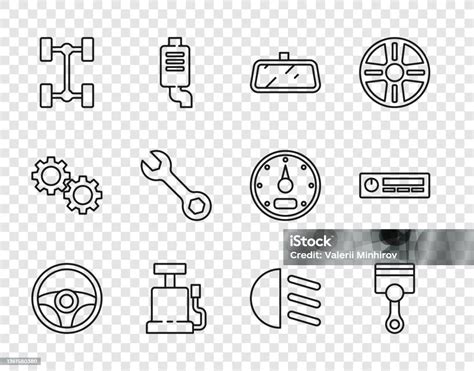세트 라인 스티어링 휠 엔진 피스톤 자동차 거울 에어 펌프 섀시 자동차 렌치 스패너 하이 빔 및 오디오 아이콘 벡터 거울에 대한 스톡 벡터 아트 및 기타 이미지 Istock