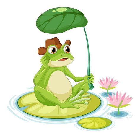 Premium Vector Green Frog Cartoon Character Holding Leaf Umbrella