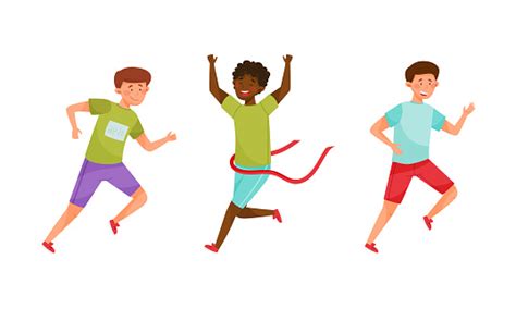 스포츠 대회 세트에 참여하는 사람들 남자와 여자 횡단 결승선 만화 벡터 일러스트 레이 션 건강한 생활방식에 대한 스톡 벡터 아트