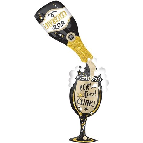 Pop Fizz Clink Champagne Bottle And Wine Glass Satin Foil Balloon Gold