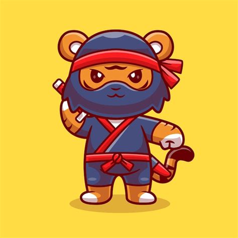 Premium Vector Cute Tiger Ninja Holding Sword Cartoon Vector Icon