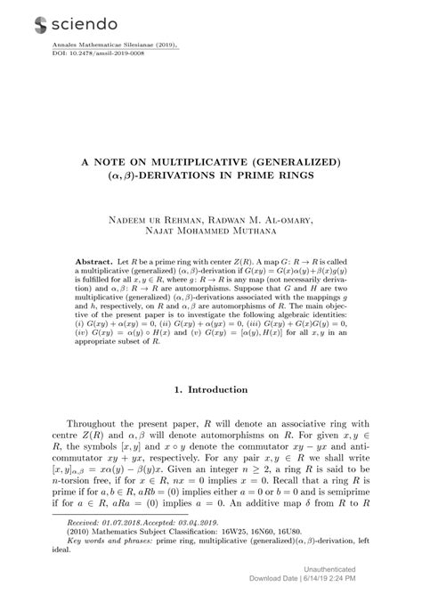 Pdf A Note On Multiplicative Generalized α β Derivations In