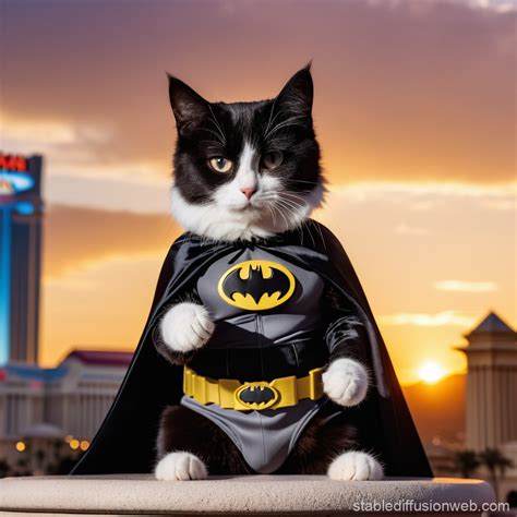 Fluffy Black White Cute Little Cat In A Costume Of Batman Eating Cat