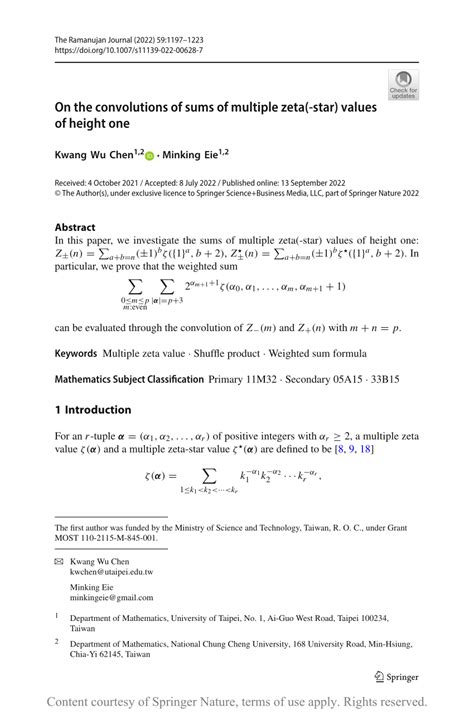 On The Convolutions Of Sums Of Multiple Zeta Star Values Of Height One Request Pdf