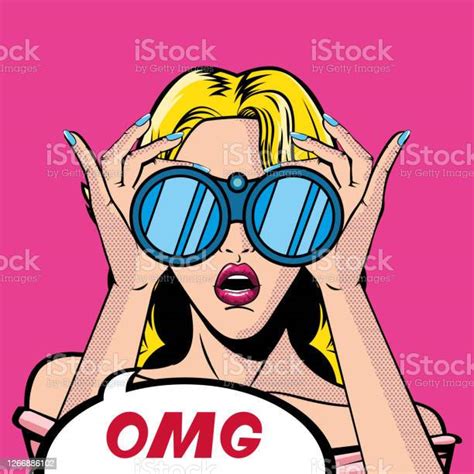 쌍안경과 Omg 버블 벡터 디자인복고풍 금발 여자 만화 1950 1959 년에 대한 스톡 벡터 아트 및 기타 이미지 1950