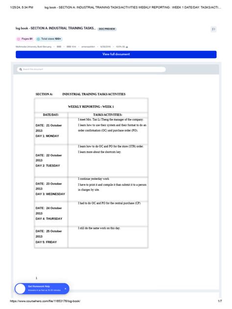 Log Book Section A Industrial Training Tasksactivities Weekly