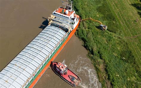 Stranded Ship Is Blocking River Nene Between Sutton Bridge And Wisbech