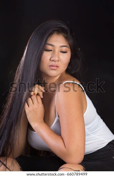Beautiful Curvy Model Dark Hair Cheerful Stock Photo 660789499