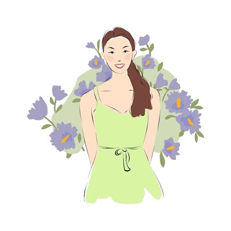 꽃 배경으로 우아한 소녀의 그림 프리미엄 벡터