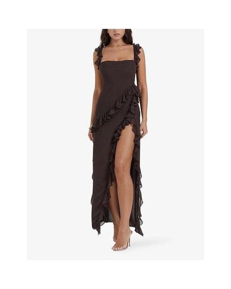House Of Cb Ariela Ruffle Trim Woven Maxi Dress In Brown Lyst