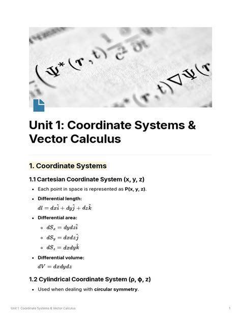 Unit 1 Coordinate Systems Vector Calculus Pdf Euclidean Vector Integral