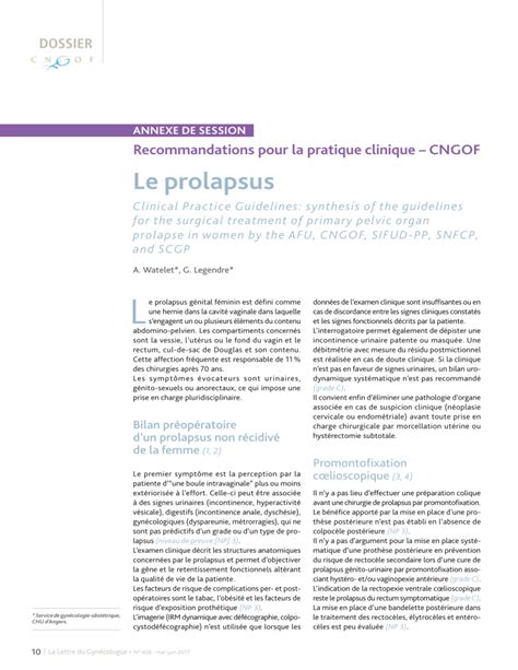 Le Prolapsus Recommandations Pour La Pratique Clinique CNGOF DOSSIER