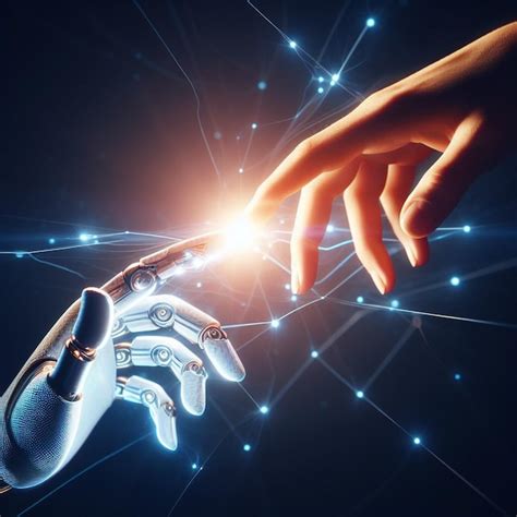 Premium Ai Image Ai Concept A Human Touching Hands With A Robot Against An Artificial