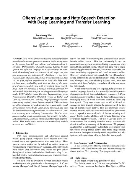 Pdf Offensive Language And Hate Speech Detection With Deep Learning