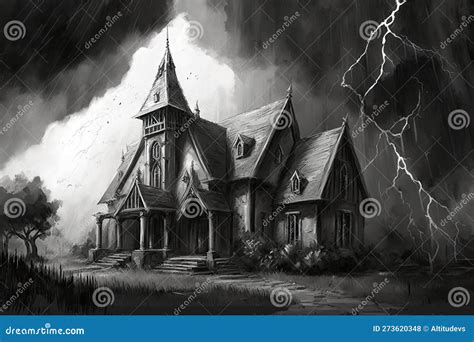 Sketch Of Gothic House Surrounded By Stormy Skies With Lightning Bolts