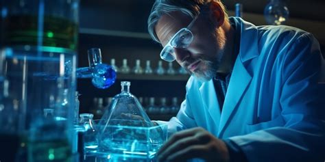 Premium Ai Image A Blue Material In A Beaker Is Being Analyzed By A Scientist In A Lab