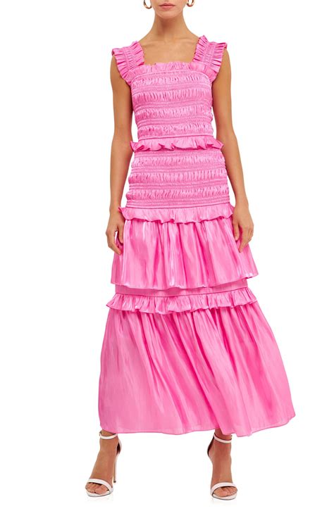 Endless Rose Sheer Smocked Tiered Maxi Dress In Pink Lyst