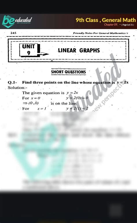 Solution Class 9 Mathmatic Unit 9 Linear Graphis Short Question