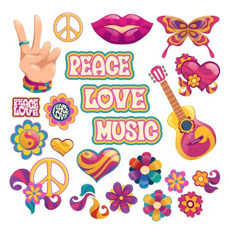 Elementos hippie con letras de paz amor y música Vector Gratis