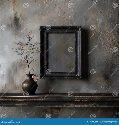 Rustic Wood Floating Shelf With Modern Black Frames With Rustic Wall