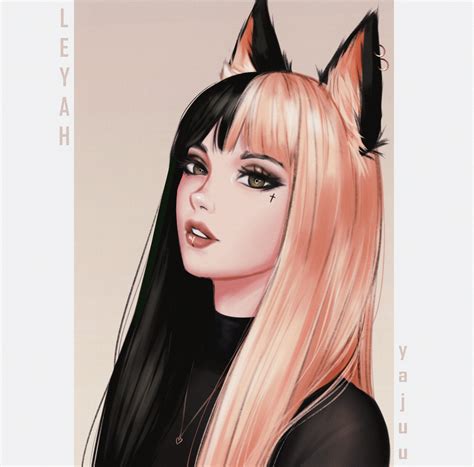 배경 화면 Yajuu 여자들 흑발 검은 머리카락 빨간 머리 고양이 귀 갈색 눈 뾰족한 입술 피어싱 입술 티셔츠 Black T Shirt 삽화 팬