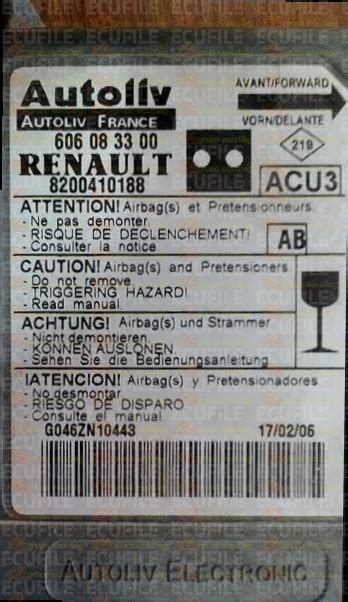 Airbag Crash Cleaner Autoliv Acu3 606083300 Renault Kangoo I 8200410188 Ab Eeprom 95080