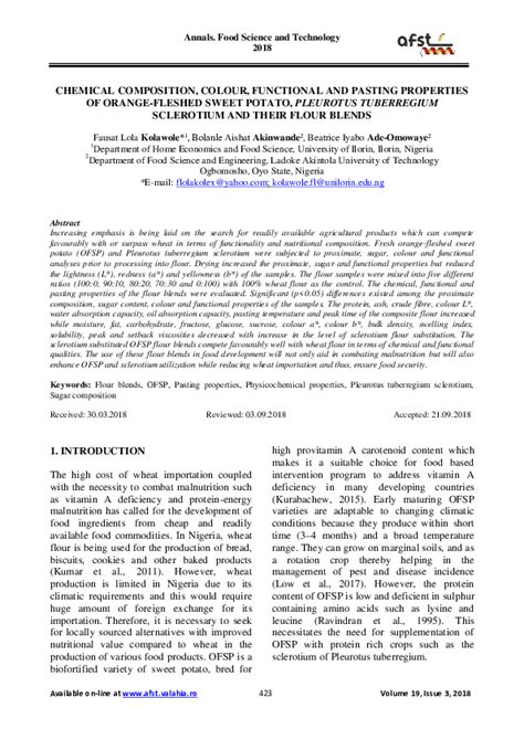 Pdf Chemical Composition Colour Functional And Pasting Properties Of Orange Fleshed Sweet