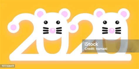노란색 배경 벡터 그림에 새해 복 많이 받으시 고 2020 년 흰 쥐 0명에 대한 스톡 벡터 아트 및 기타 이미지 0명